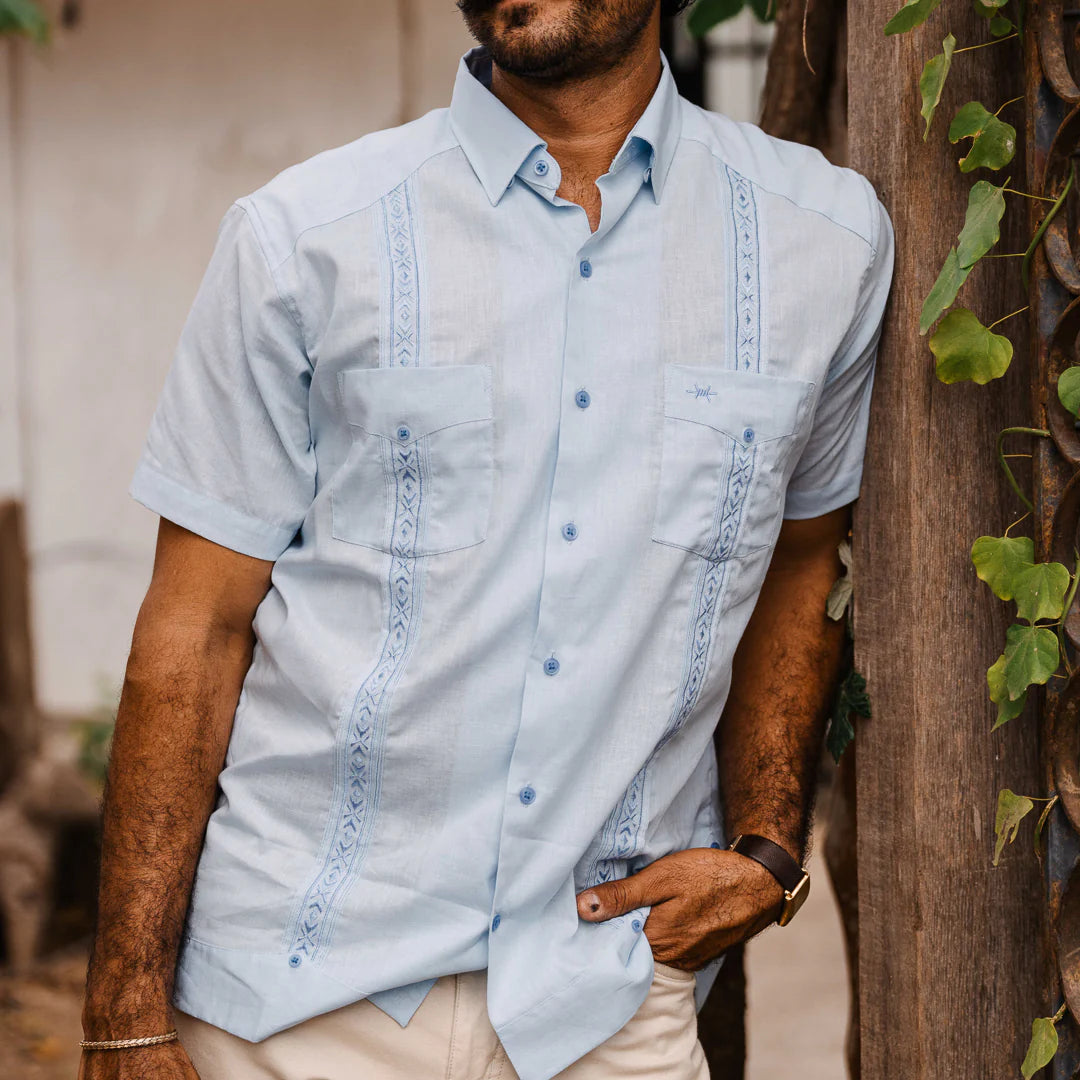 Tejas Guayabera-Benavides Blue – Honeysuckle Rose Boutique